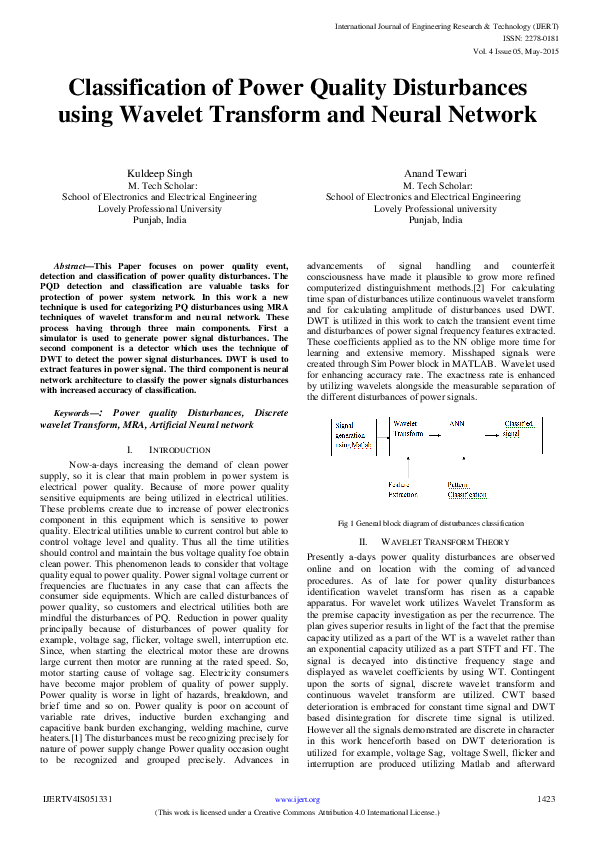 Pdf Ijert Classification Of Power Quality Disturbances Using Wavelet Transform And Neural
