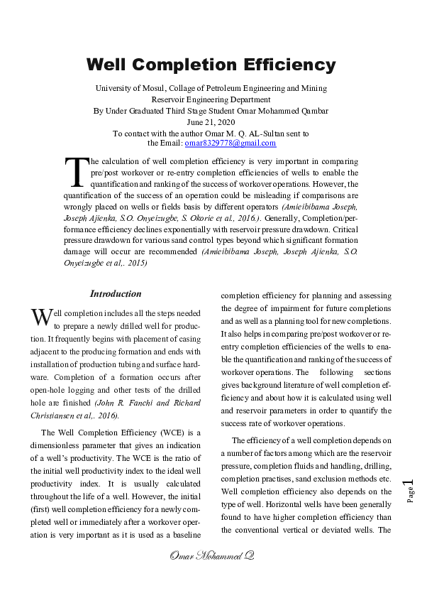 (PDF) Well completion efficiency