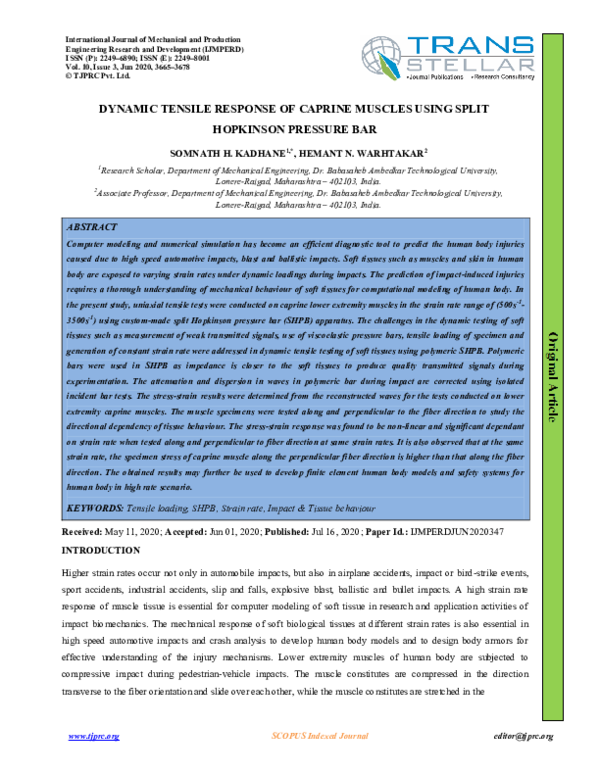 (PDF) DYNAMIC TENSILE RESPONSE OF CAPRINE MUSCLES USING SPLIT HOPKINSON ...