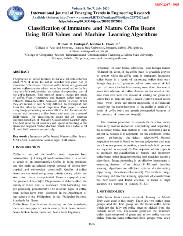 (PDF) Classification of Immature and Mature Coffee Beans Using RGB ...