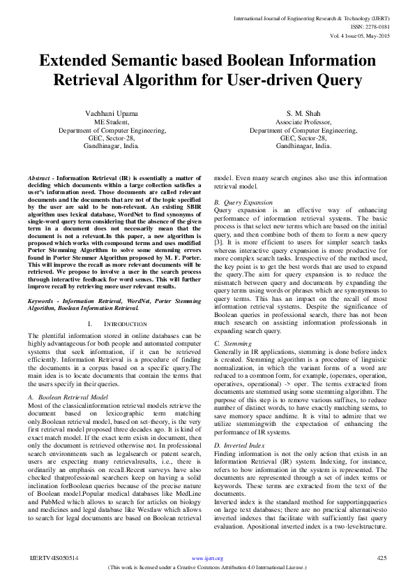 Pdf Ijert Extended Semantic Based Boolean Information Retrieval Algorithm For User Driven Query