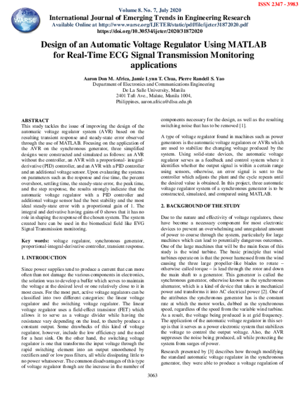 Pdf Design Of An Automatic Voltage Regulator Using Matlab For Real Time Ecg Signal