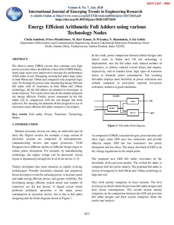 Pdf Energy Efficient Arithmetic Full Adders Using Various Technology Nodes