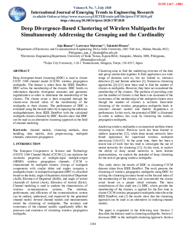 Pdf Deep Divergence Based Clustering Of Wireless Multipaths For Simultaneously Addressing The