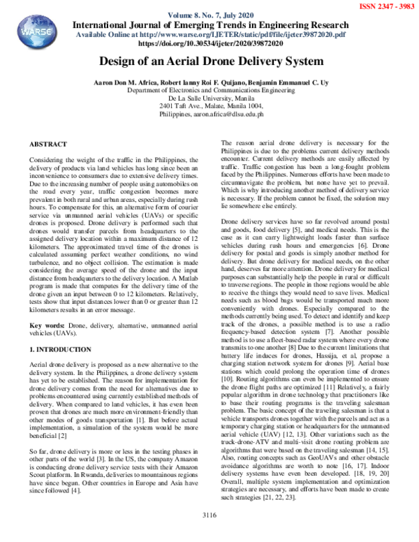 (PDF) Design of an Aerial Drone Delivery System