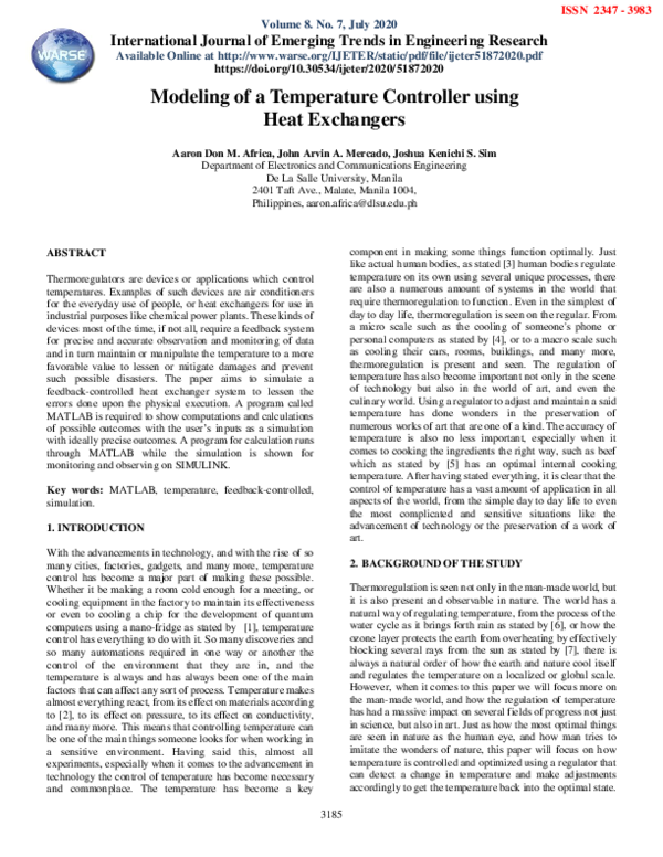 (PDF) Modeling of a Temperature Controller using Heat Exchangers