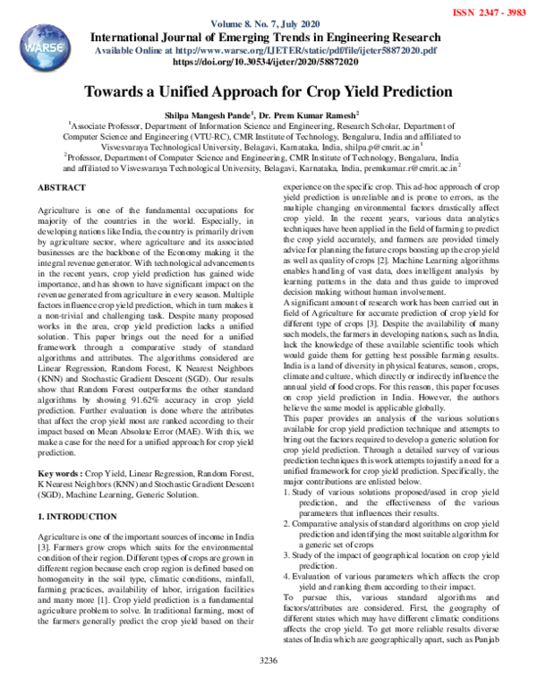 (PDF) Towards a Unified Approach for Crop Yield Prediction