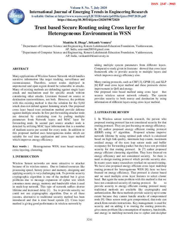 (PDF) Trust based Secure Routing using Cross layer for Heterogeneous Environment in WSN