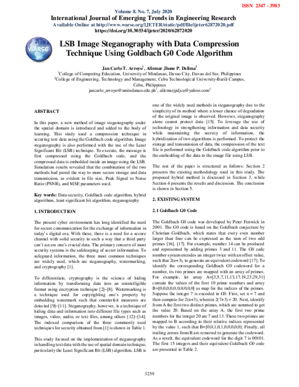 Pdf Lsb Image Steganography With Data Compression Technique Using Goldbach G0 Code Algorithm 1306