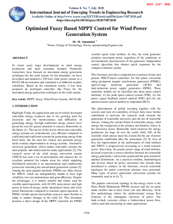 Pdf Optimized Fuzzy Based Mppt Control For Wind Power Generation System