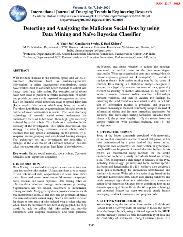 Pdf Detecting And Analyzing The Malicious Social Bots By Using Data Mining And Naïve Bayesian