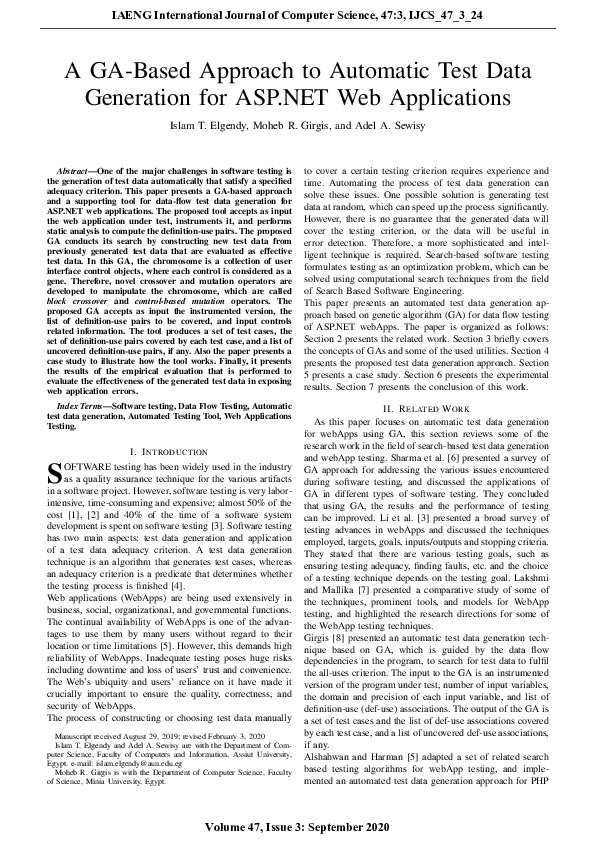 Pdf A Ga Based Approach To Automatic Test Data Generation For Aspnet