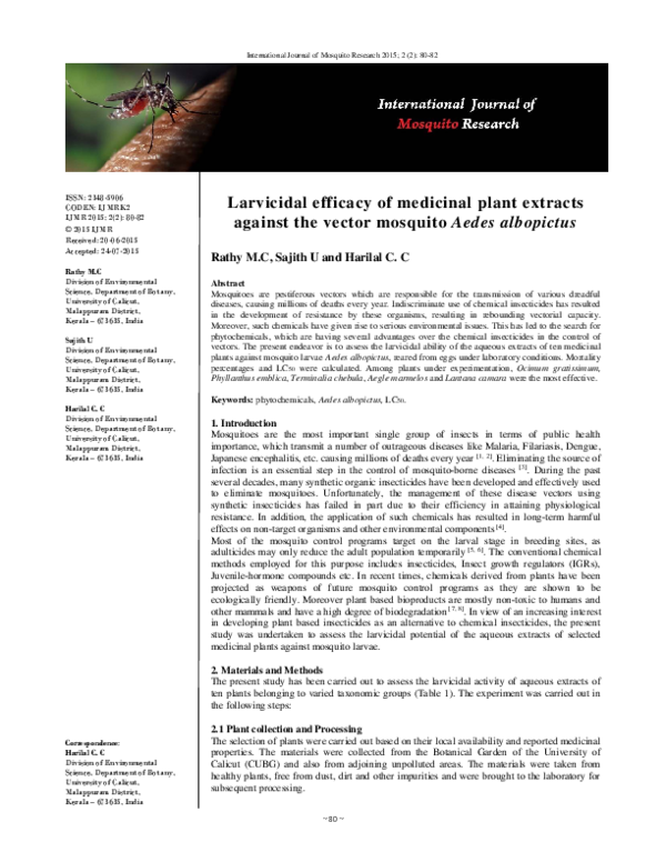 (PDF) Larvicidal efficacy of medicinal plant extracts against the ...
