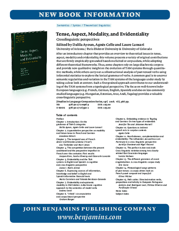 (PDF) Tense, Aspect, Modality, and Evidentiality Crosslinguistic perspectives