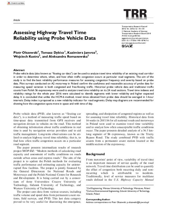 (PDF) Assessing Highway Travel Time Reliability using Probe Vehicle Data