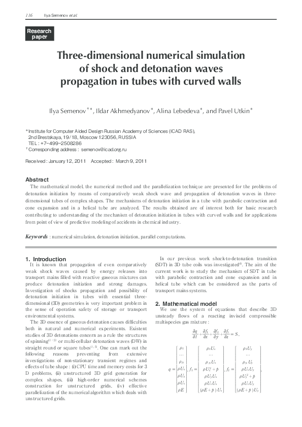 (PDF) Three-dimensional numerical simulation of shock and detonation waves propagation in tubes ...