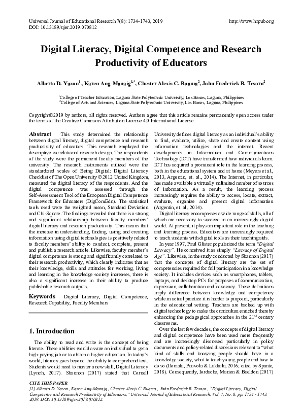 (PDF) Digital Literacy, Digital Competence and Research Productivity of ...