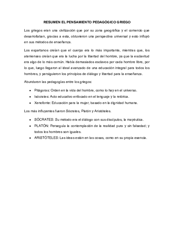(DOC) RESUMEN EL PENSAMIENTO PEDAGÓGICO GRIEGO