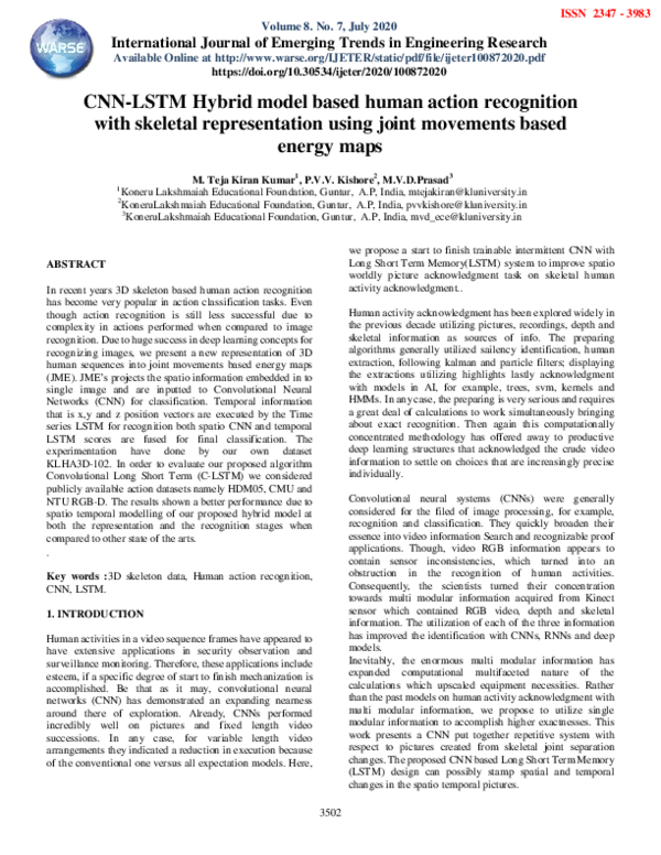 Pdf Cnn Lstm Hybrid Model Based Human Action Recognition With Skeletal Representation Using