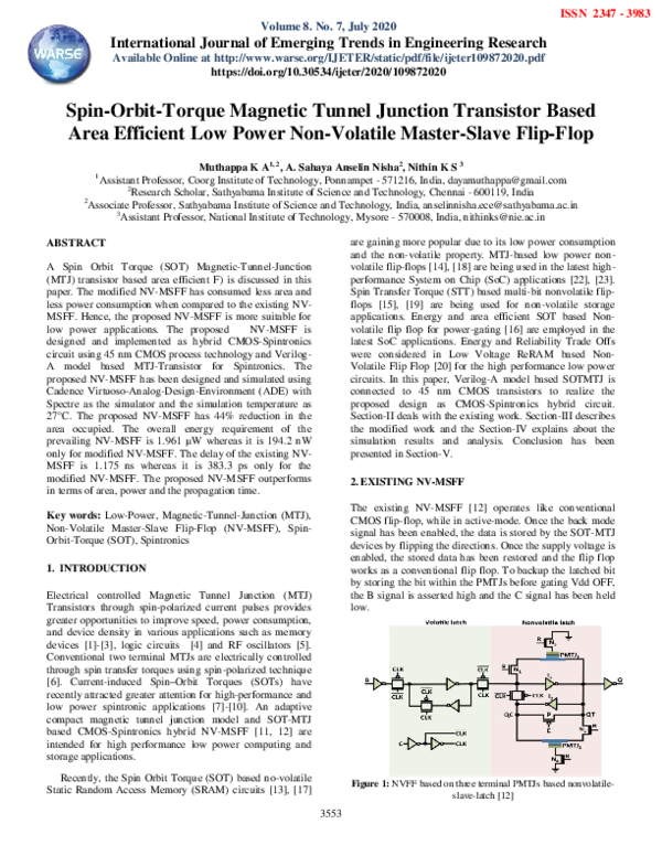 (PDF) Spin-Orbit-Torque Magnetic Tunnel Junction Transistor Based Area Efficient Low Power Non ...