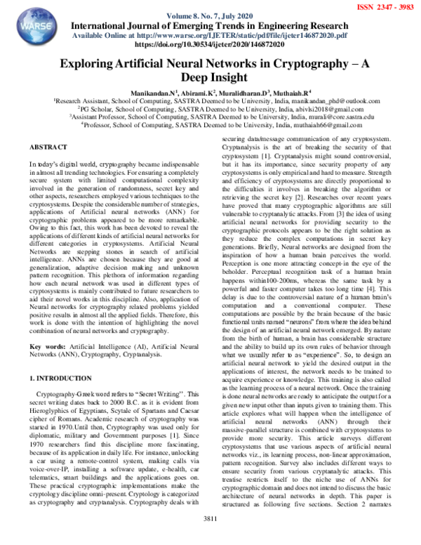(PDF) Exploring Artificial Neural Networks in Cryptography – A Deep Insight