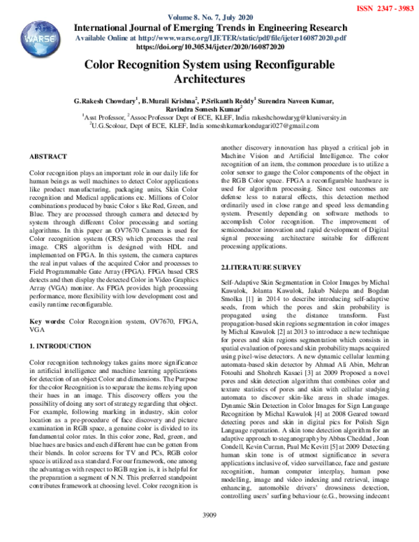 Pdf Color Recognition System Using Reconfigurable Architectures