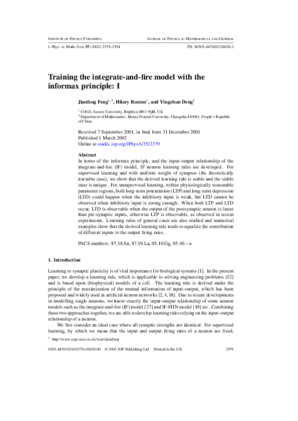 (PDF) Training the integrate-and-fire model with the informax principle: I