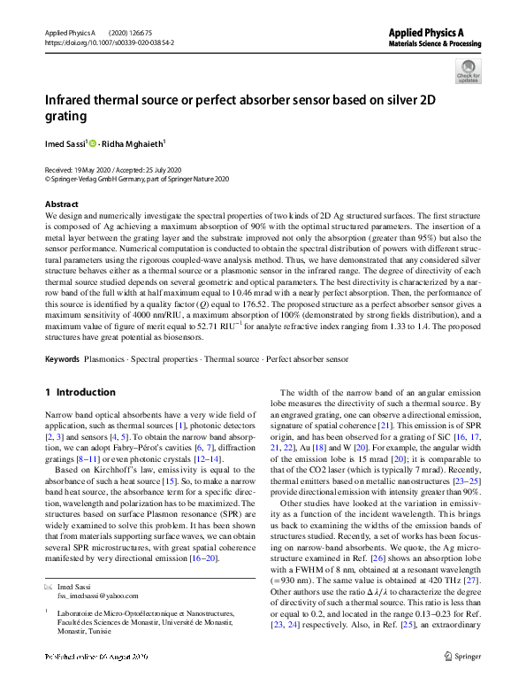 (PDF) Infrared thermal source or perfect absorber sensor based on ...