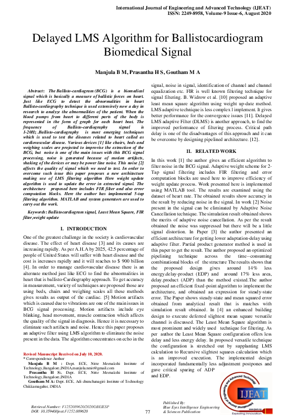 Pdf Delayed Lms Algorithm For Ballistocardiogram Prashantha Hs And Manjula Bm