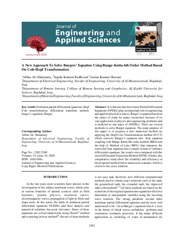 (PDF) A New Approach To Solve Burgers' Equation Using Runge-Kutta 6th ...