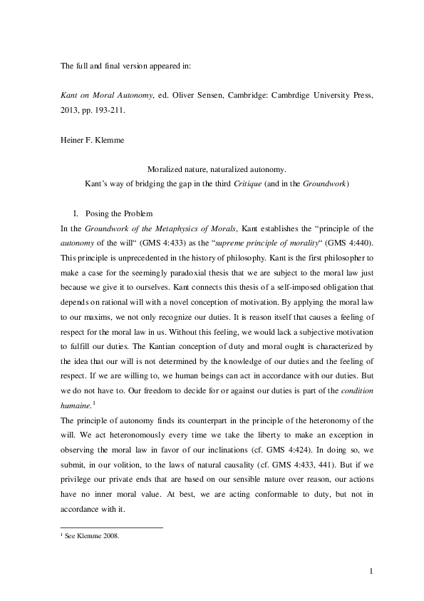 (PDF) Moralized nature, naturalized autonomy. Kant’s way of bridging ...