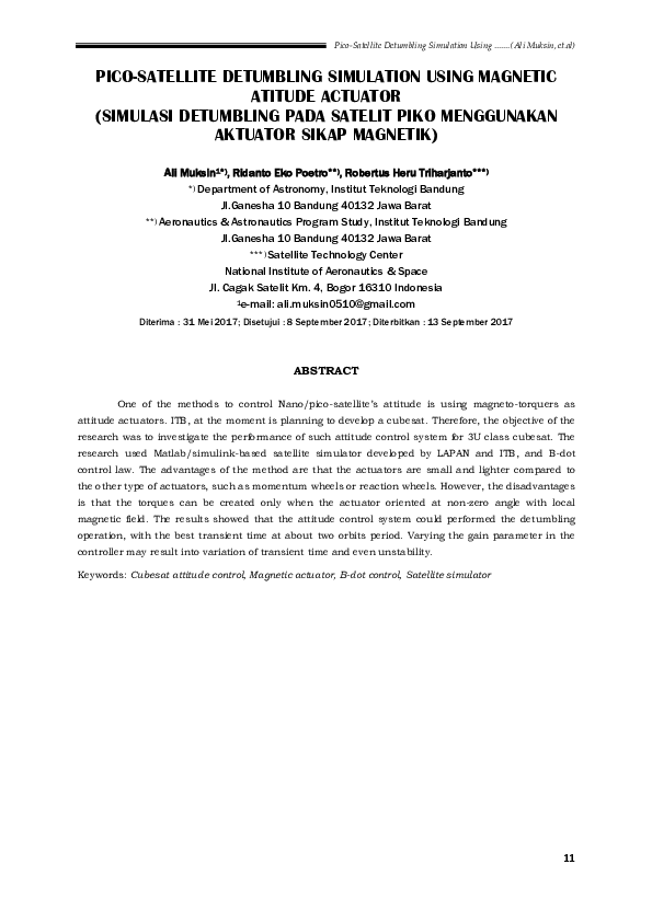 (PDF) PICO-SATELLITE DETUMBLING SIMULATION USING MAGNETIC ATITUDE ...