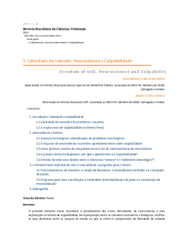 (PDF) Liberdade da vontade, neurociência e culpabilidade