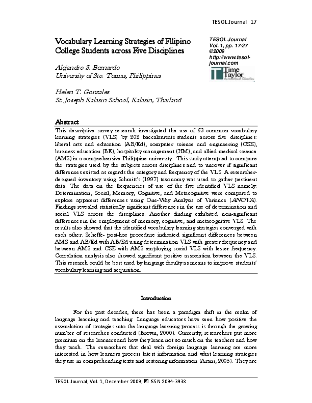 (PDF) Vocabulary Learning Strategies of Filipino College Students across Five Disciplines