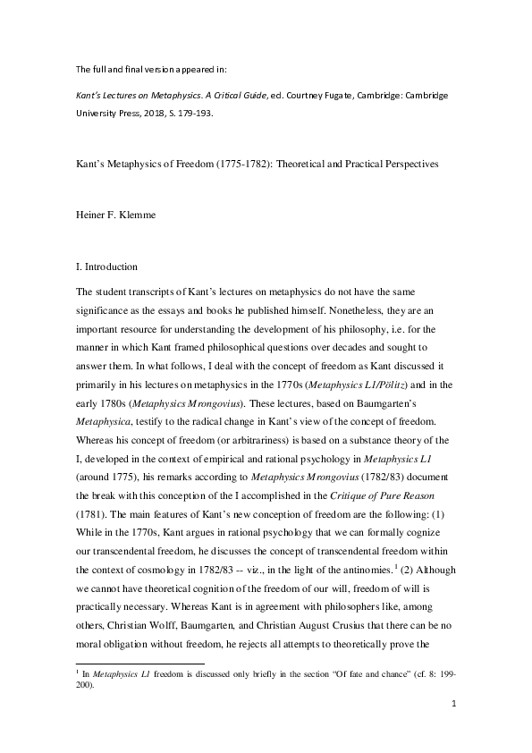 (PDF) Kant’s Metaphysics of Freedom (1775-1782): Theoretical and ...