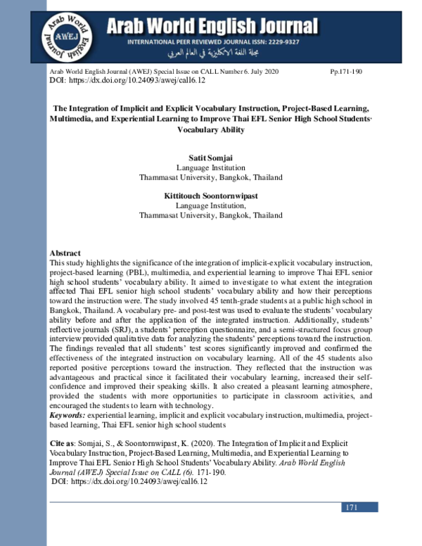 (PDF) The Effect of Project Based Learning in Teaching EFL Vocabulary to Young Learners of ...