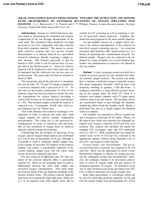 (PDF) Solar Wind Sample Return from Genesis: Towards the Extraction and ...