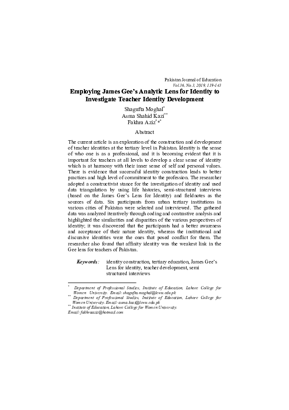 (PDF) Employing James Gee's Analytic Lens for Identity to Investigate ...