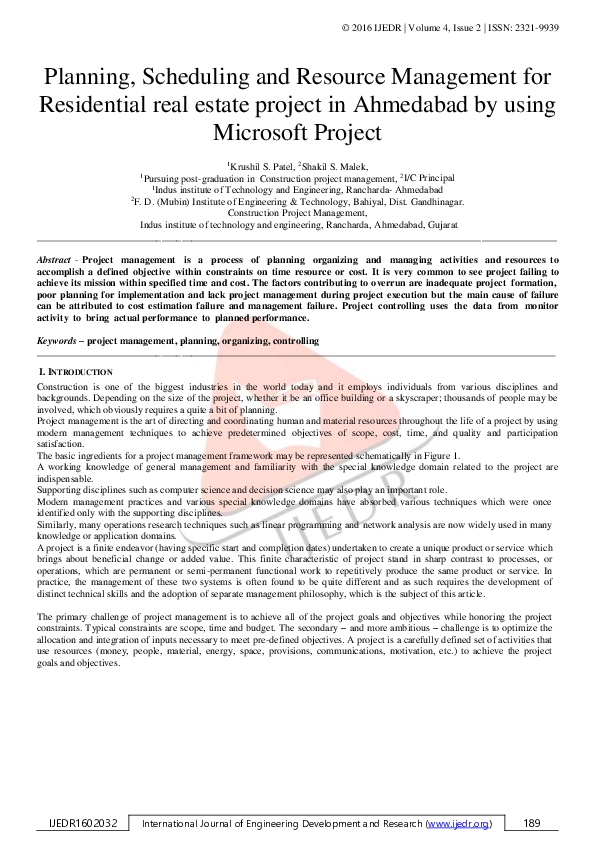 (PDF) Planning, Scheduling and Resource Management for Residential real estate project in ...