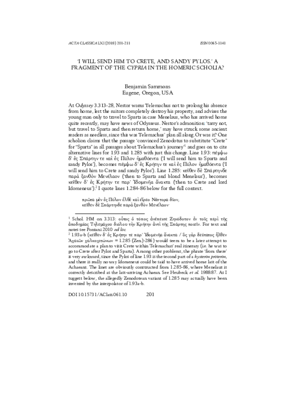 (PDF) ‘I will send him to Crete, and sandy Pylos’: A fragment of the ...