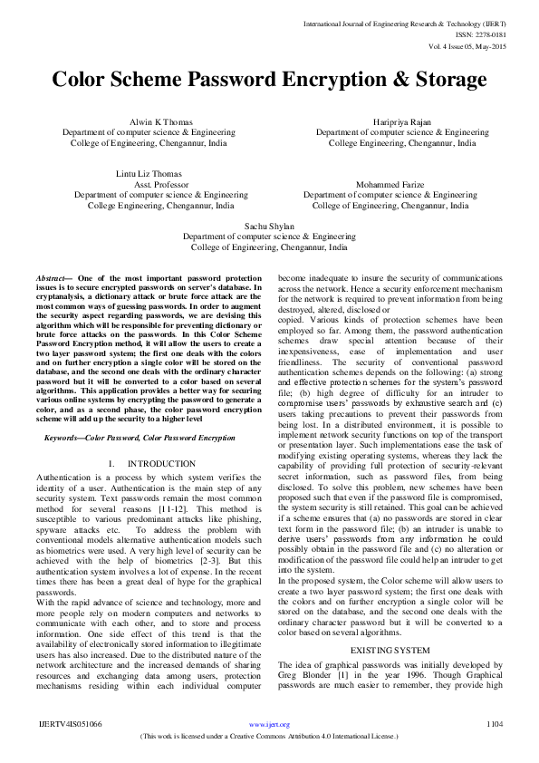 Pdf Ijert Color Scheme Password Encryption And Storage Ijert Journal