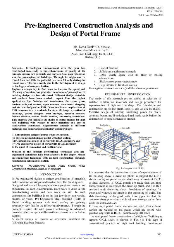 (PDF) IJERT-Pre-Engineered Construction Analysis and Design of Portal Frame (PDF) IJERT-Pre-Engineered Construction Analysis and Design of Portal Frame
