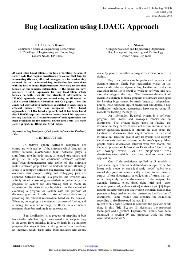 Pdf Ijert Bug Localization Using Ldacg Approach