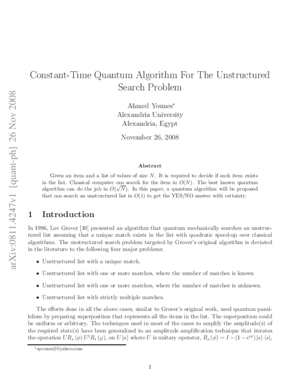(PDF) Constant-Time Quantum Algorithm For The Unstructured Search Problem