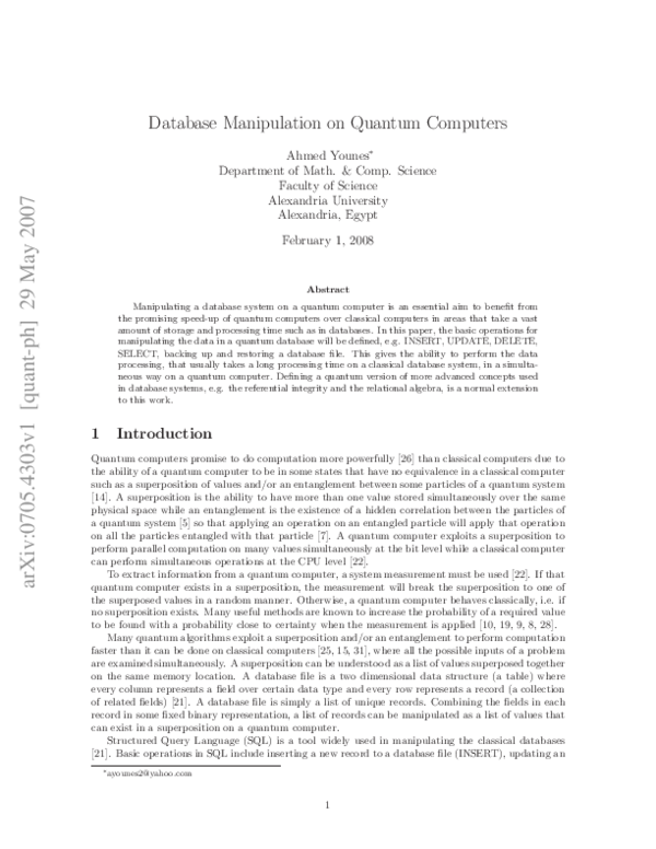 (PDF) Database Manipulation on Quantum Computers