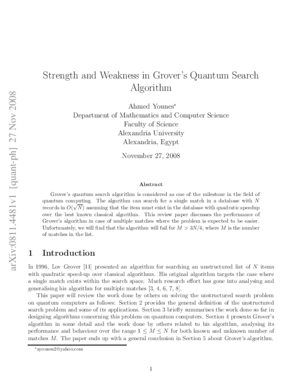 (PDF) Strength and Weakness in Grover's Quantum Search Algorithm