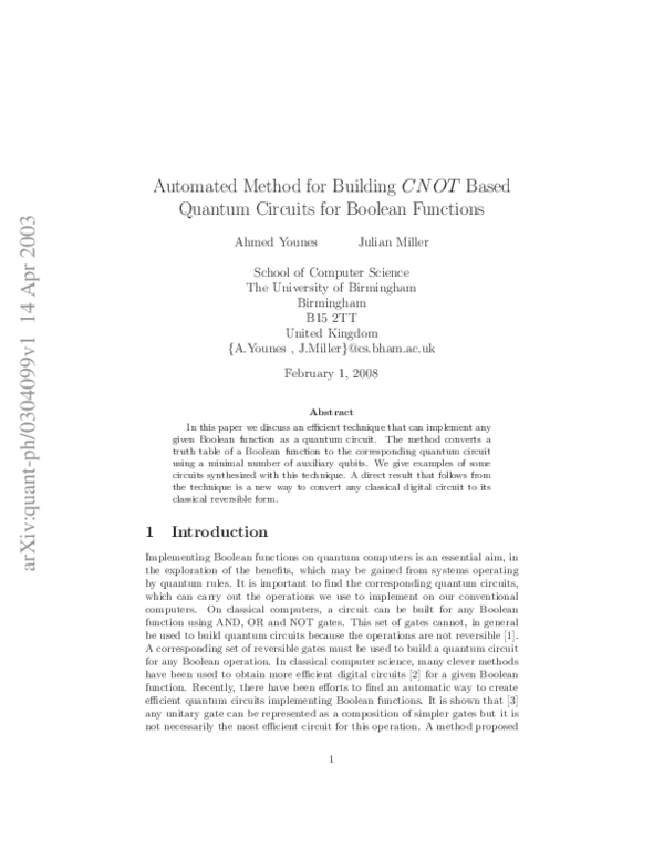 (PDF) Automated method for building CNOT based quantum circuits for Boolean functions