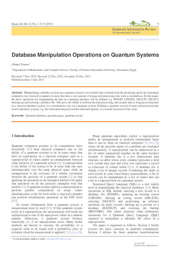(PDF) Database Manipulation Operations on Quantum Systems
