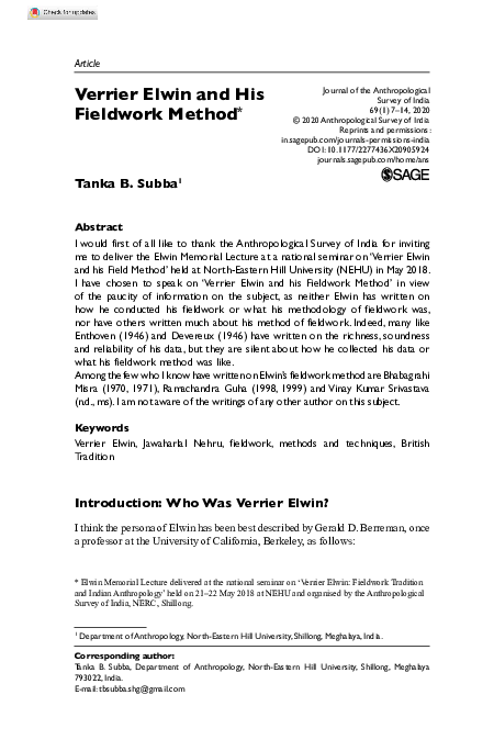 (PDF) Verrier Elwin and His Fieldwork Method