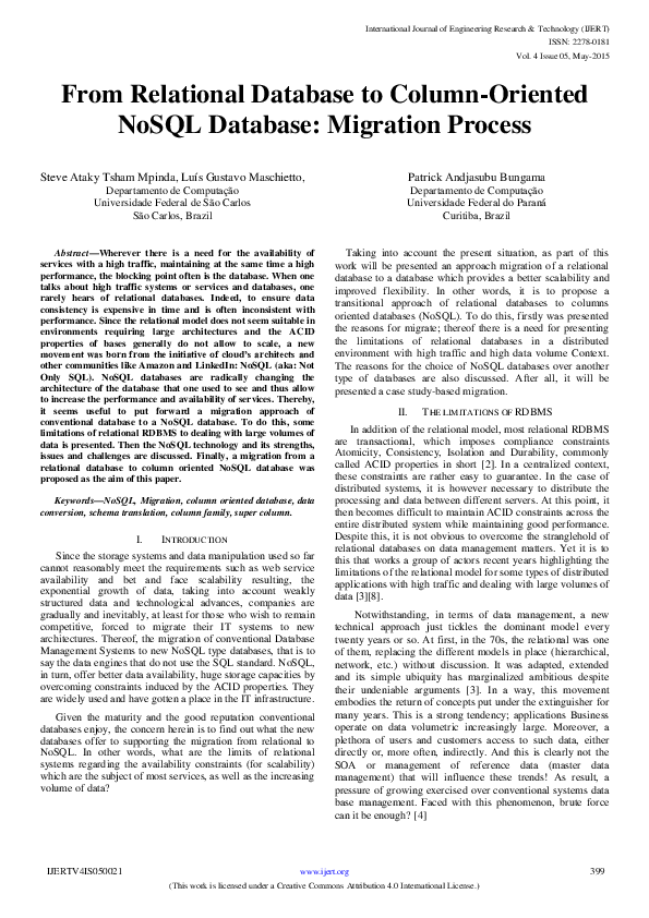 (PDF) IJERT-From Relational Database to Column-Oriented NoSQL Database: Migration Process